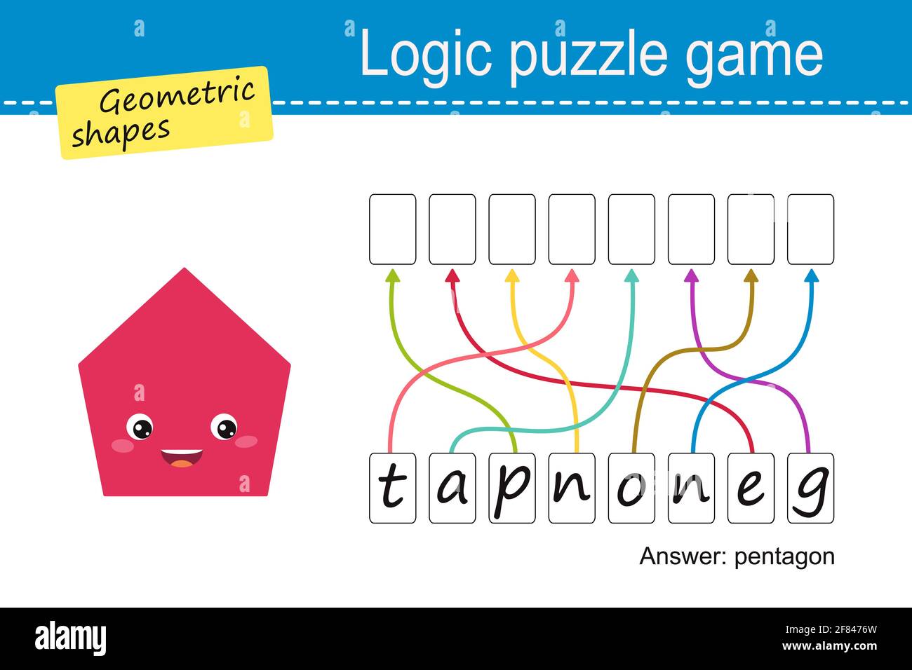 Logic puzzle game for children. Geometric shapes, pentagon. Cartoon ...