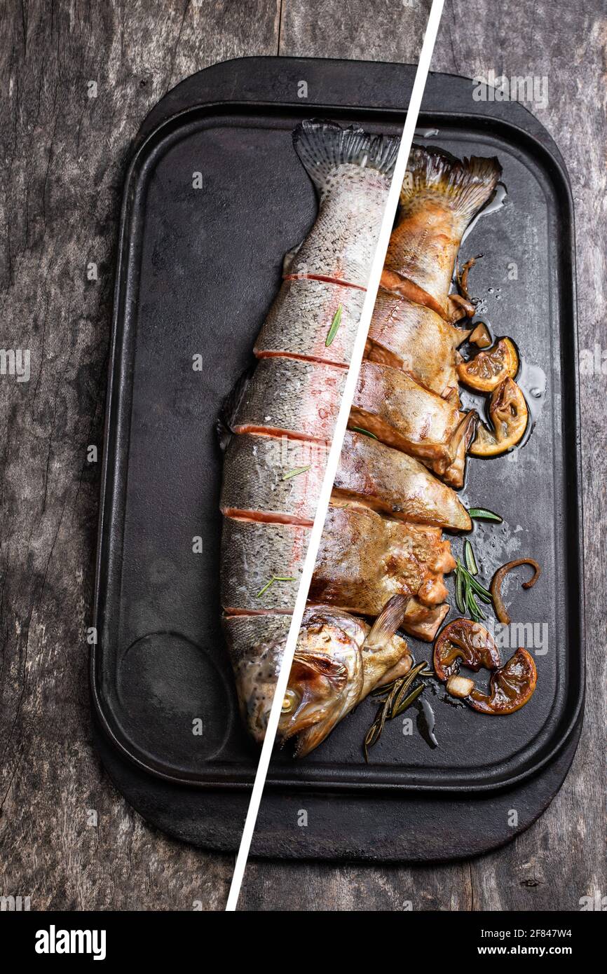 Conceptual image showing different cooking stages of the fish Stock ...