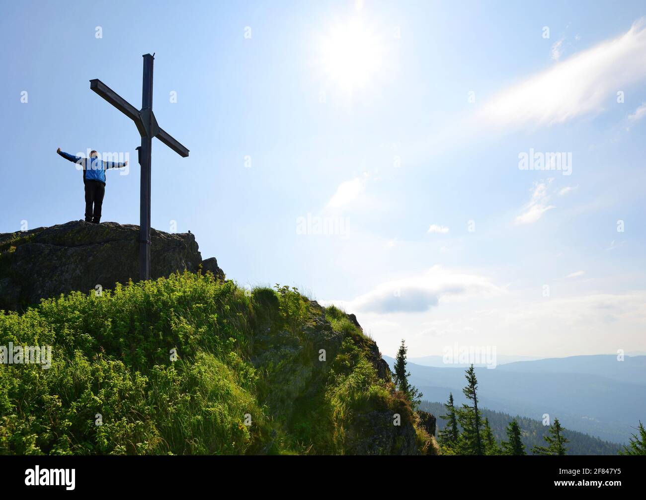 Tourist on a mountain top Grosser Osser in National park Bavarian ...