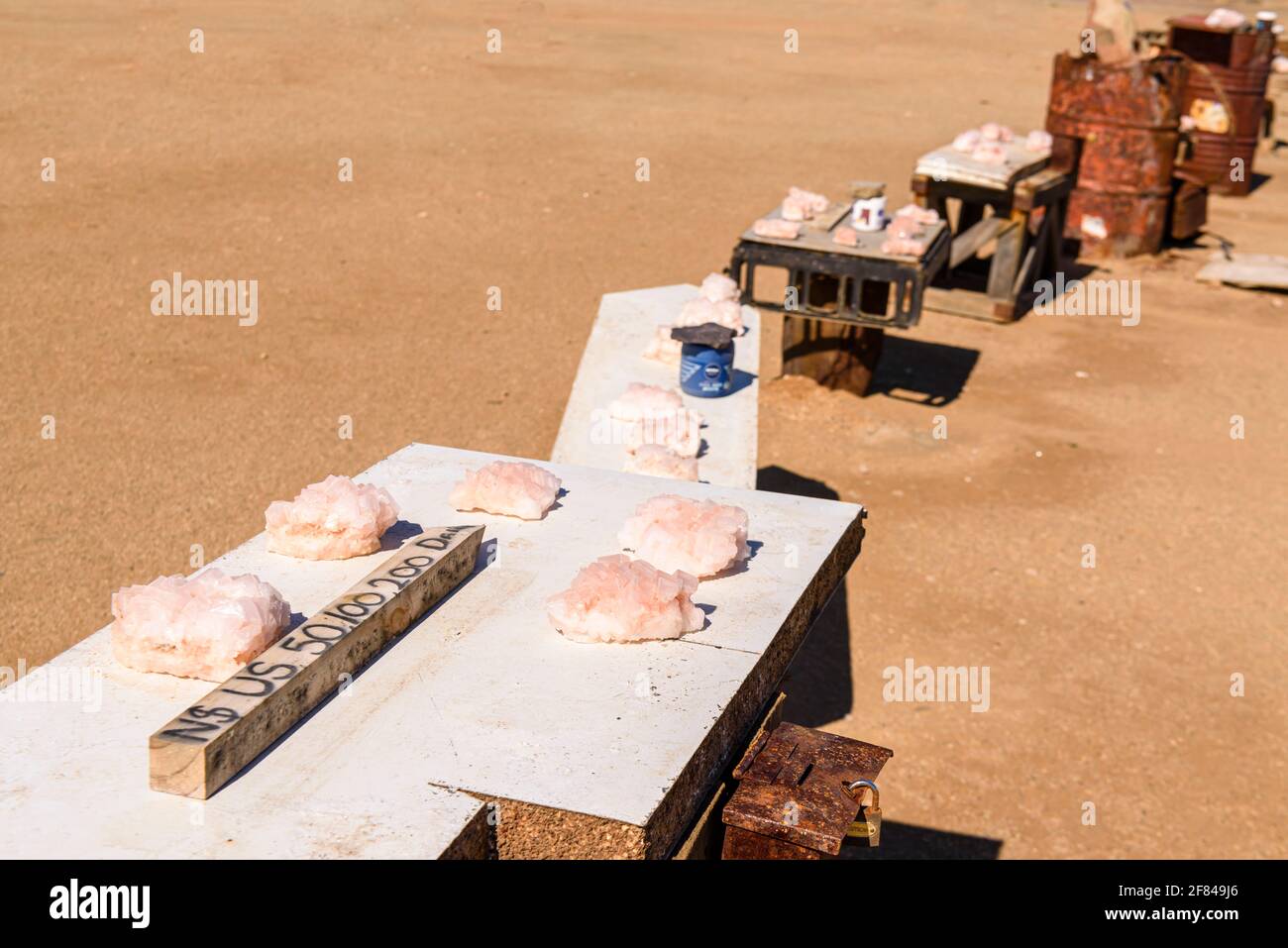 Tables at roadside stalls selling salt crystals, mined at Cape Cross ...
