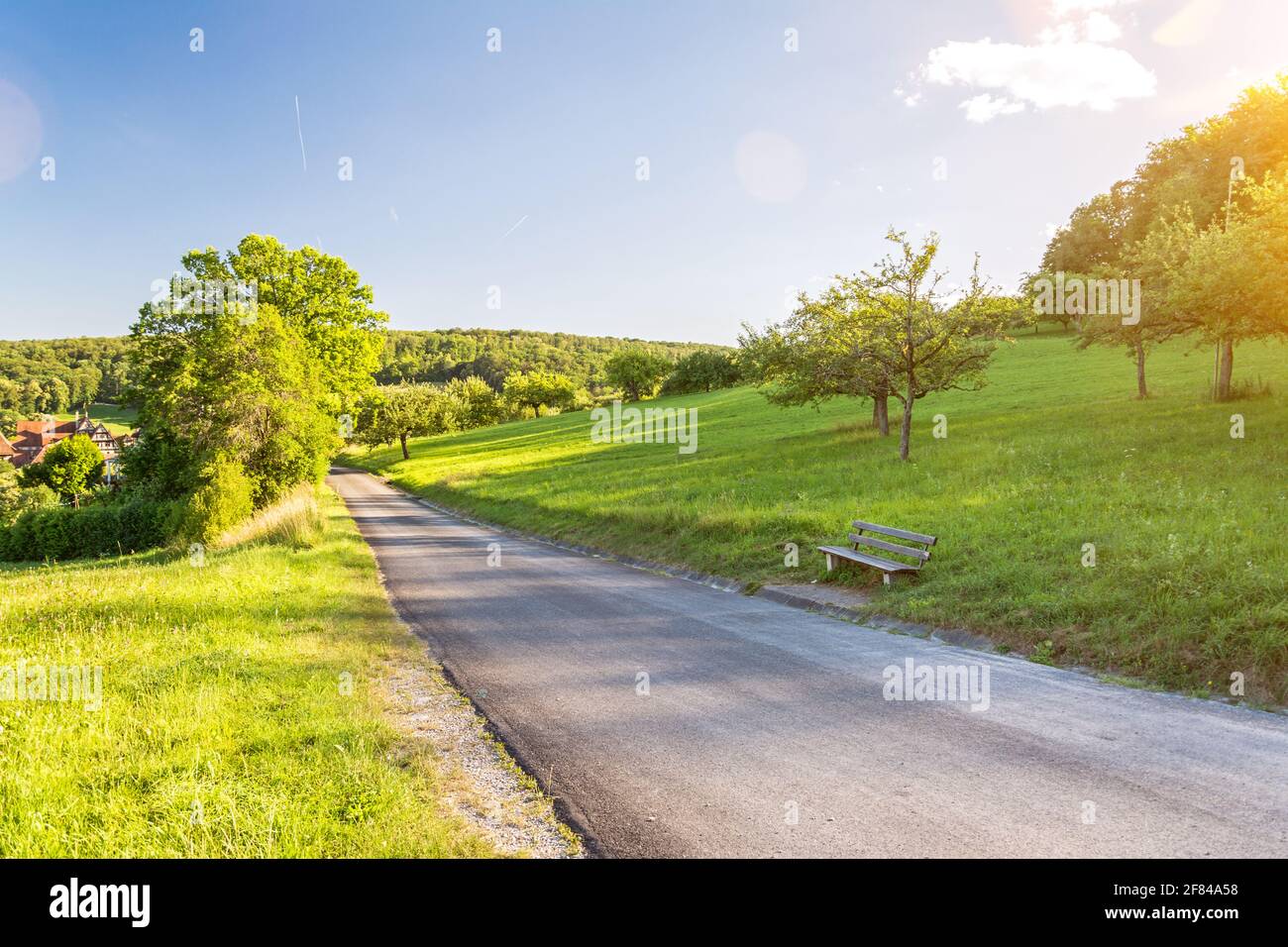Hiking road in beautiful, lush green hilly spring landscape with scenic ...