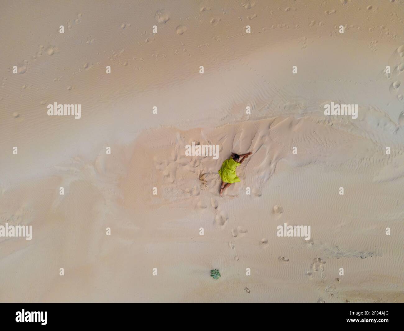 Drone view of laying on sand dune shot from directly above Stock Photo ...