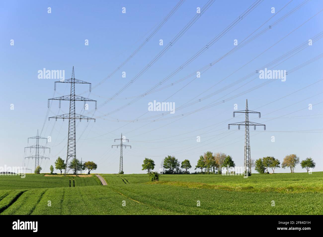 High voltage pylons, power lines, power supply by overhead lines, blue ...