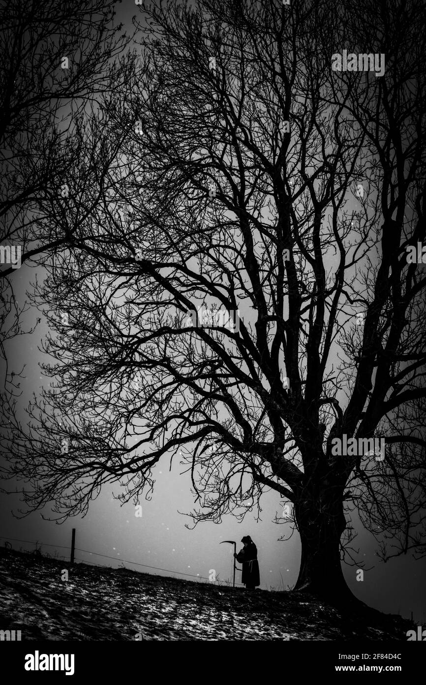 Man with scythe under tree with starry sky, Oberguenzburg, Ostallgaeu ...