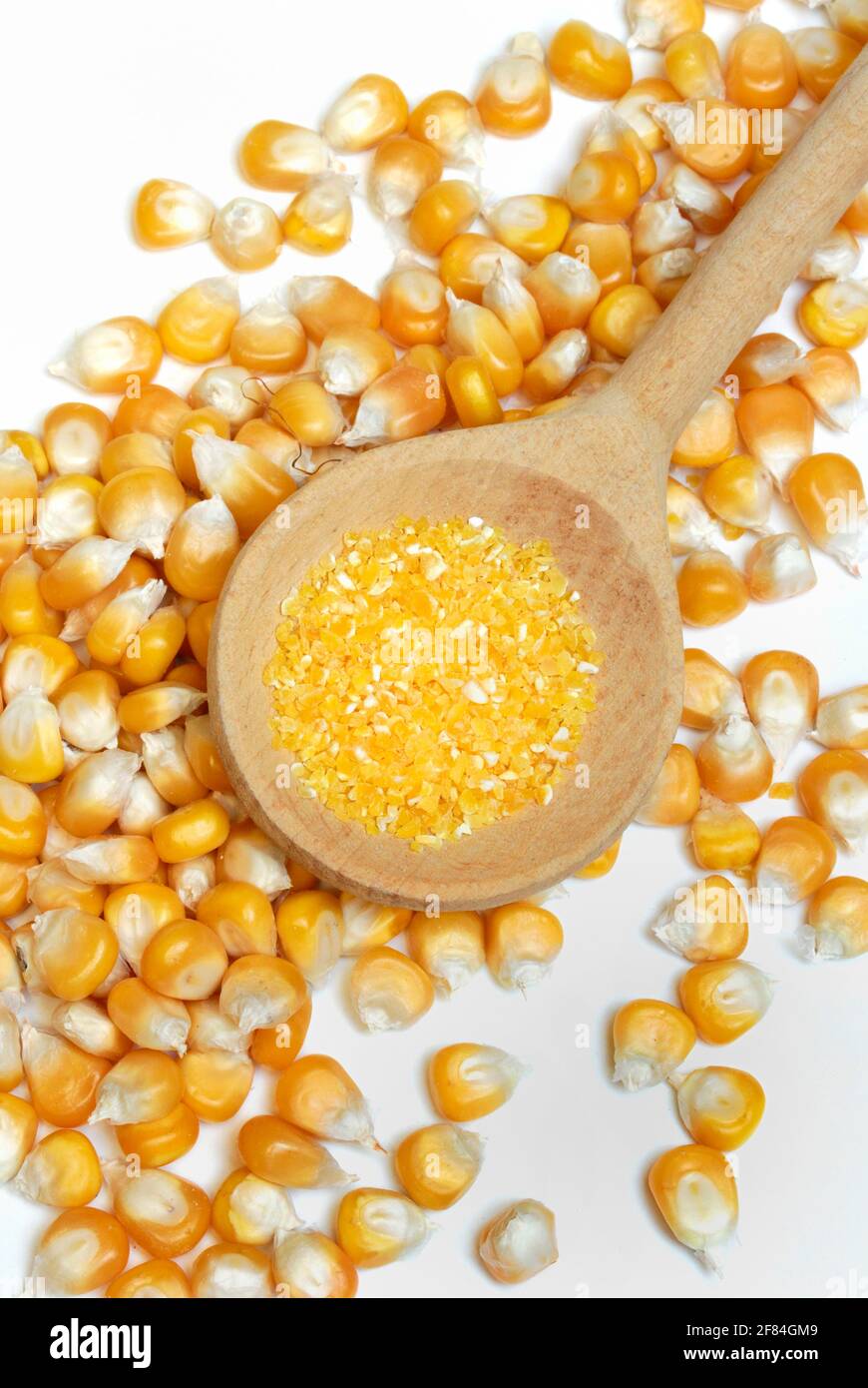 Polenta, Corn (Zea mays) semolina, flour, grains, wooden spoon Stock ...