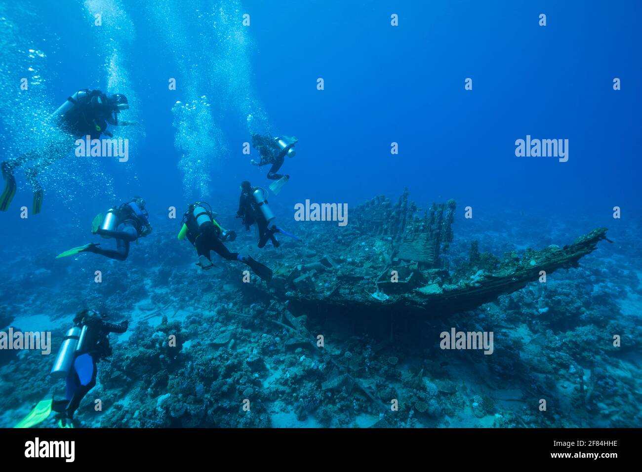 Divers on the wreck of the Heaven One, Abu Dabab, Red Sea, Egypt Stock ...