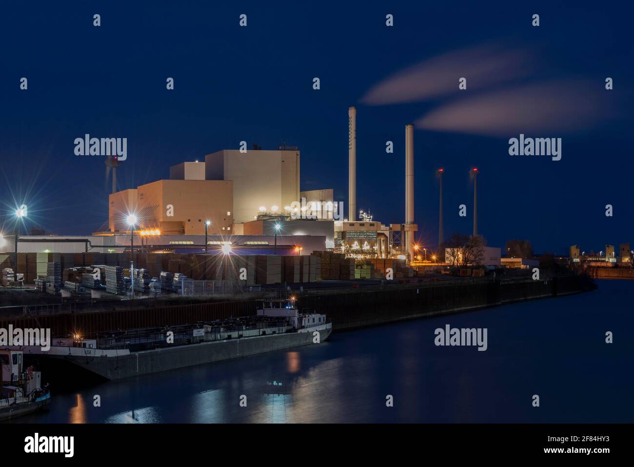 Waste-to-energy plant, barge, industrial port of Magdeburg, Saxony ...