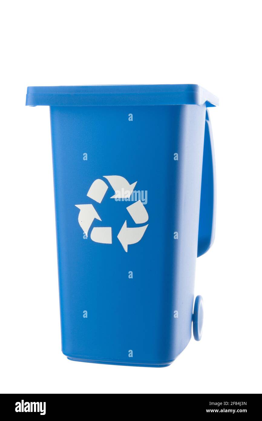 Plastic blue trash can isolated on white background Stock Photo - Alamy