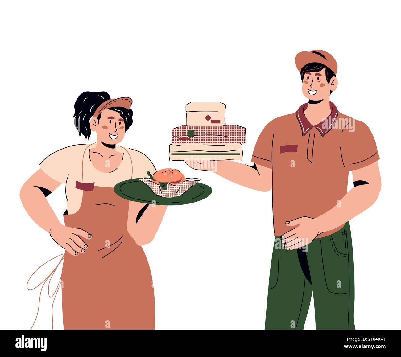 Restaurant or fast food cafe workers - waitress and delivery man in ...