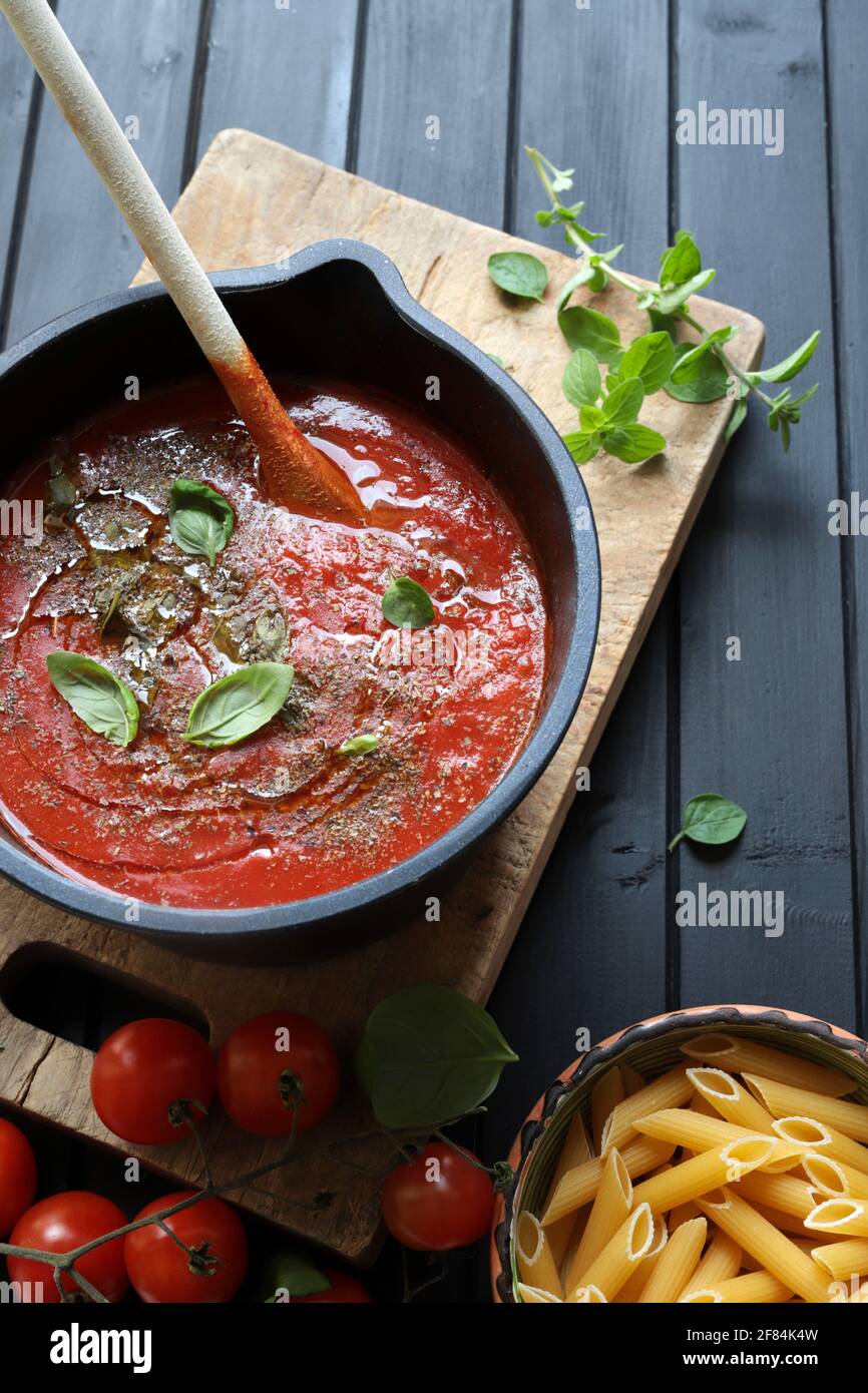 Classic homemade Italian tomato sauce with basil. Directly above Stock ...