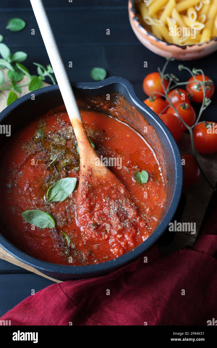 Classic homemade Italian tomato sauce with basil. Directly above Stock ...