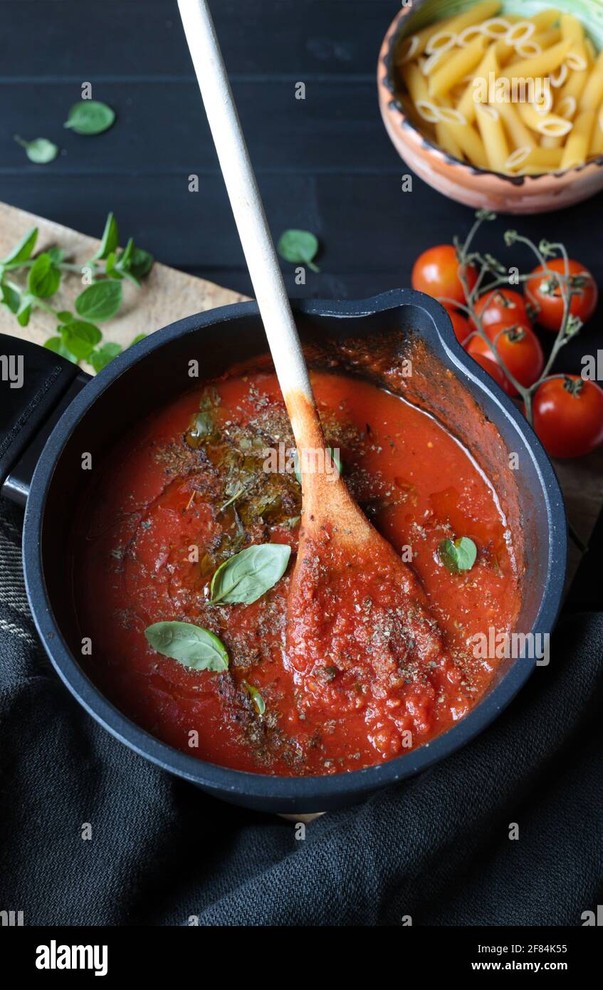 Classic homemade Italian tomato sauce with basil. Directly above Stock ...