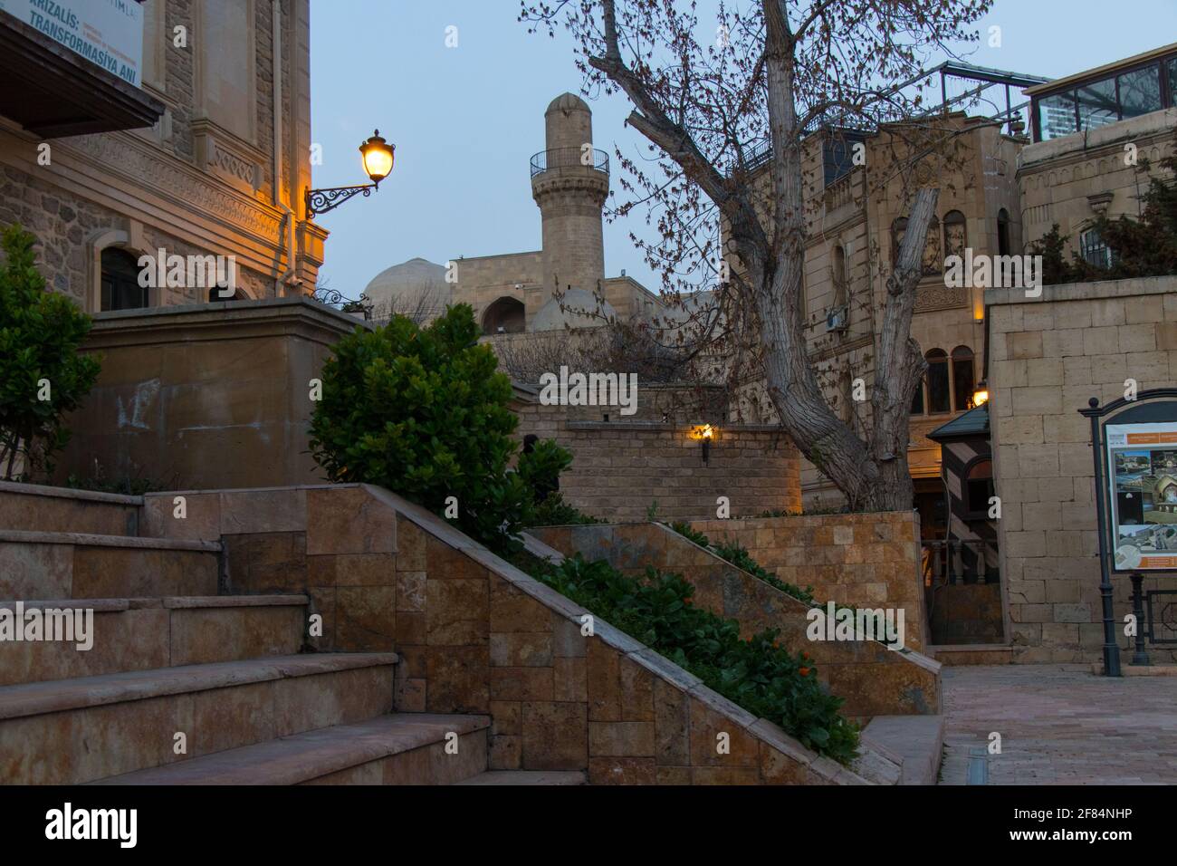 Baku, old city Icheri Sheher - inner city. Evening time in the ancient ...