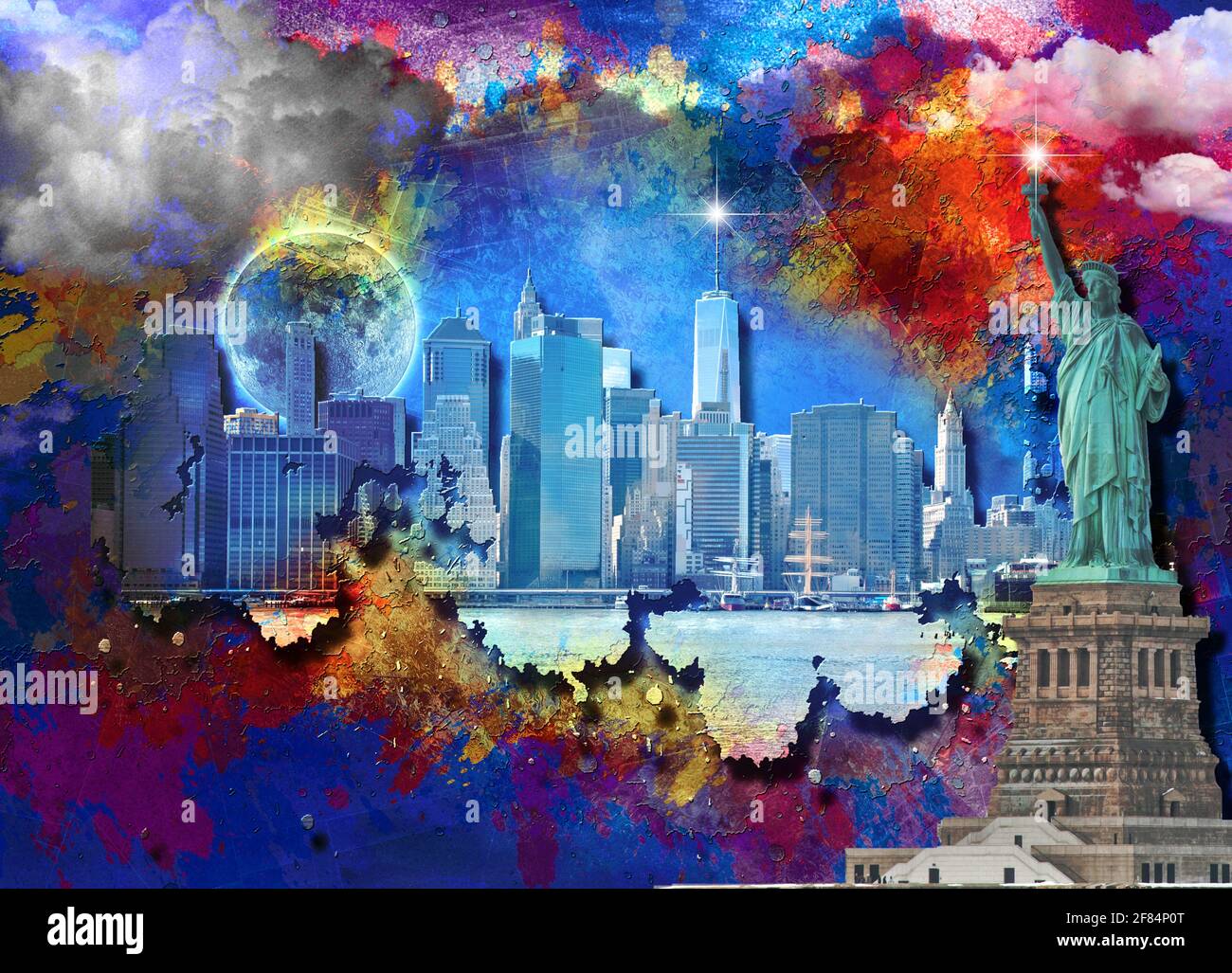 Libery Statue and New York Cityscape on Modern Art Background. 3D ...
