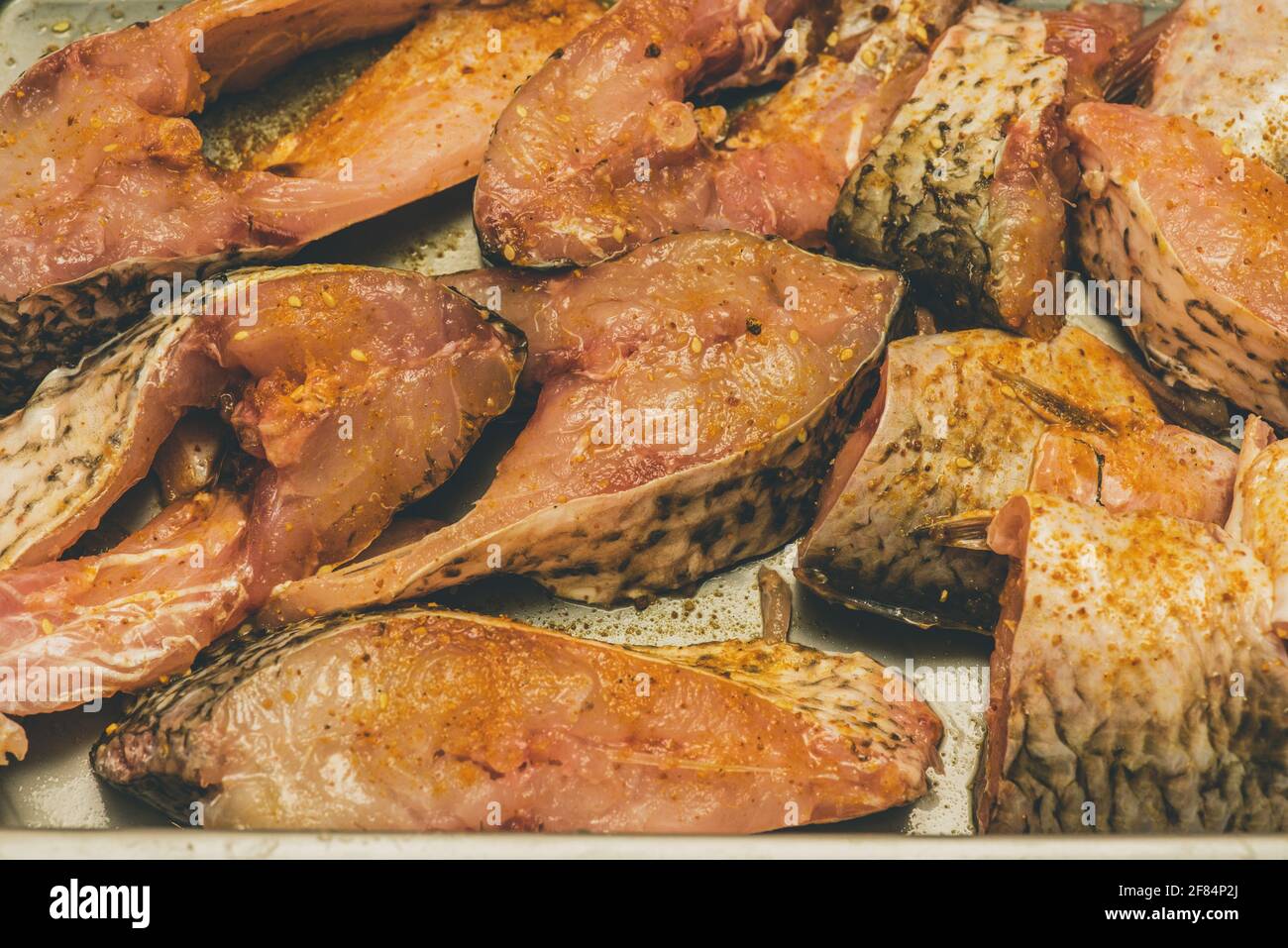 fried fish in chunks in protvin, homemade food, healthy food. Fried ...