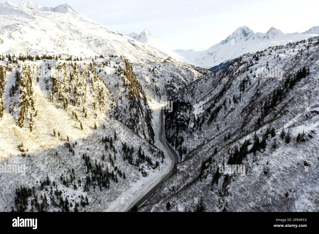 Aerial view of the Richardson Highway, Keystone Canyon, and Lowe River ...