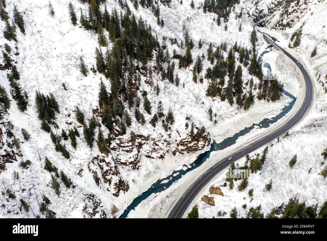 Aerial view of the Richardson Highway, Keystone Canyon, and Lowe River ...