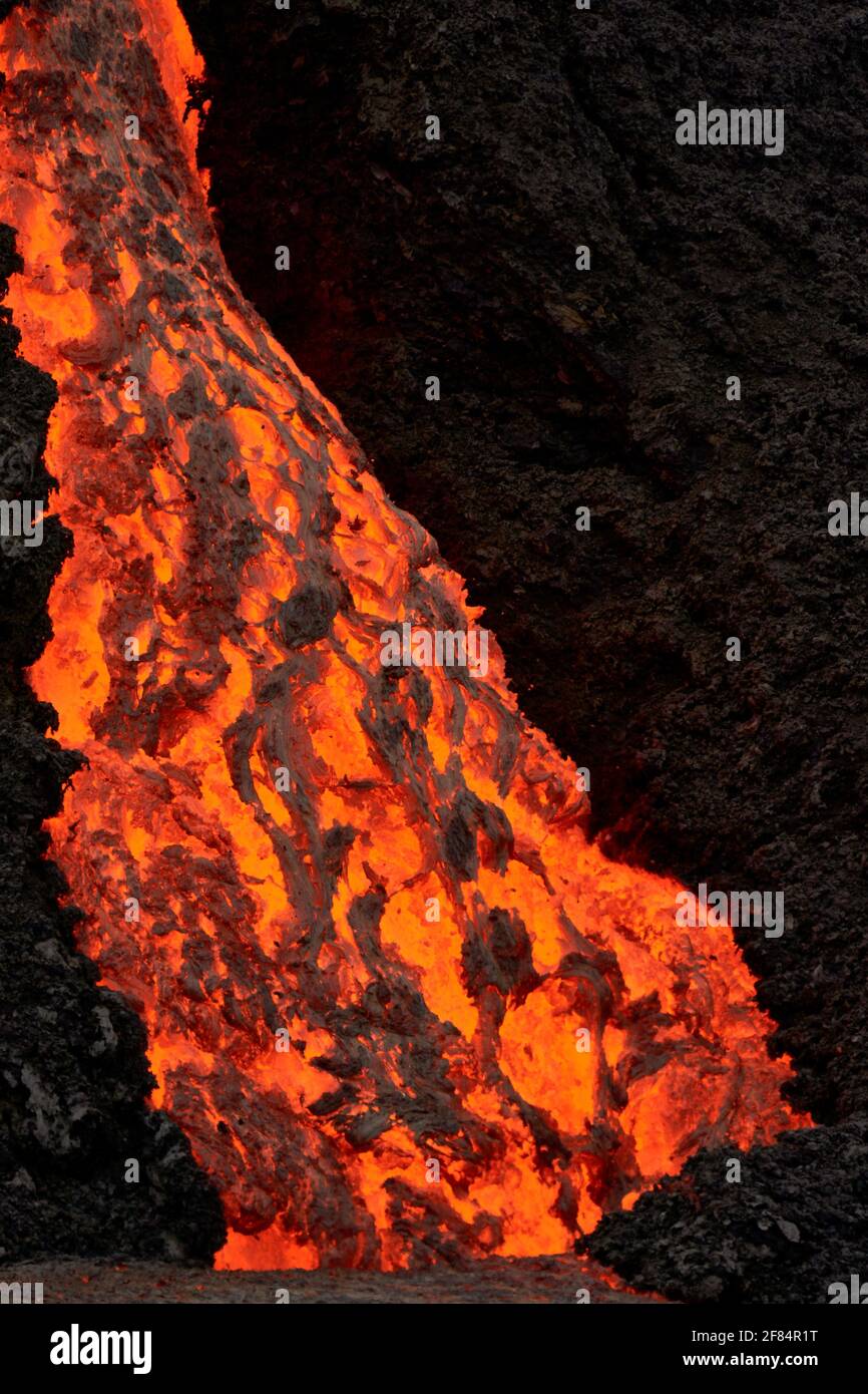 Detail of lava river descending from crater, Fagradalsfjall volcano ...
