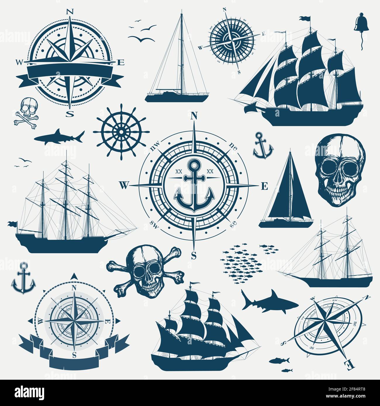 Set of nautical design objects, sailing ships, yachts, compasses Stock ...