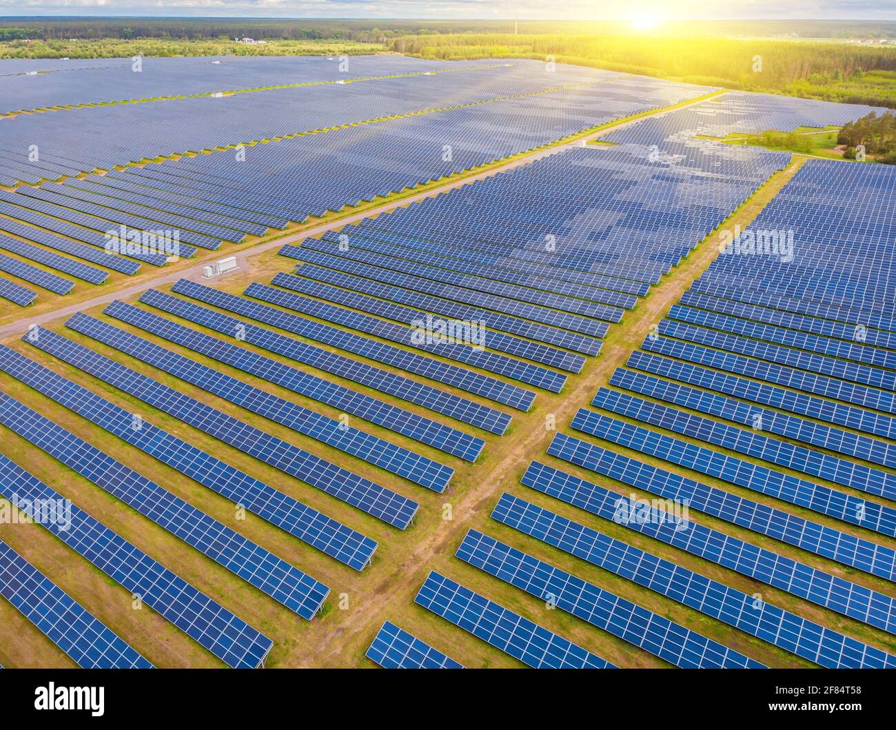 Solar power plant in the field. Aerial view of Solar panels. Solar farm ...