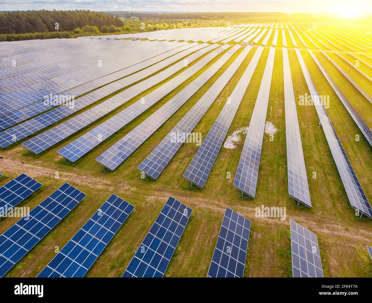 Aerial view to solar power plant. Industrial background on renewable ...