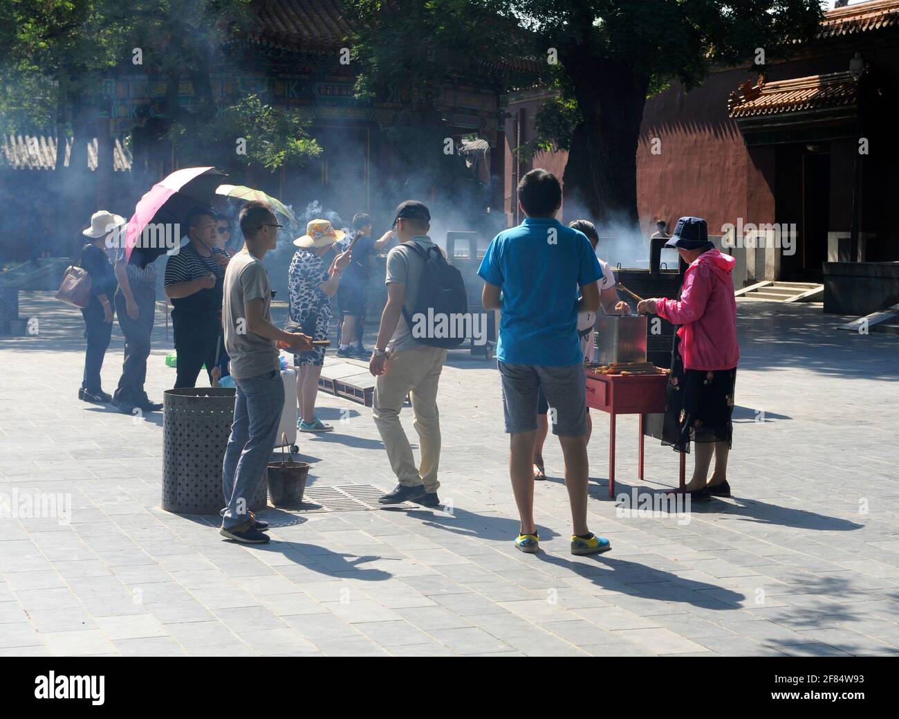 View outside a temple building at the Yonghegong buddhist temple ...