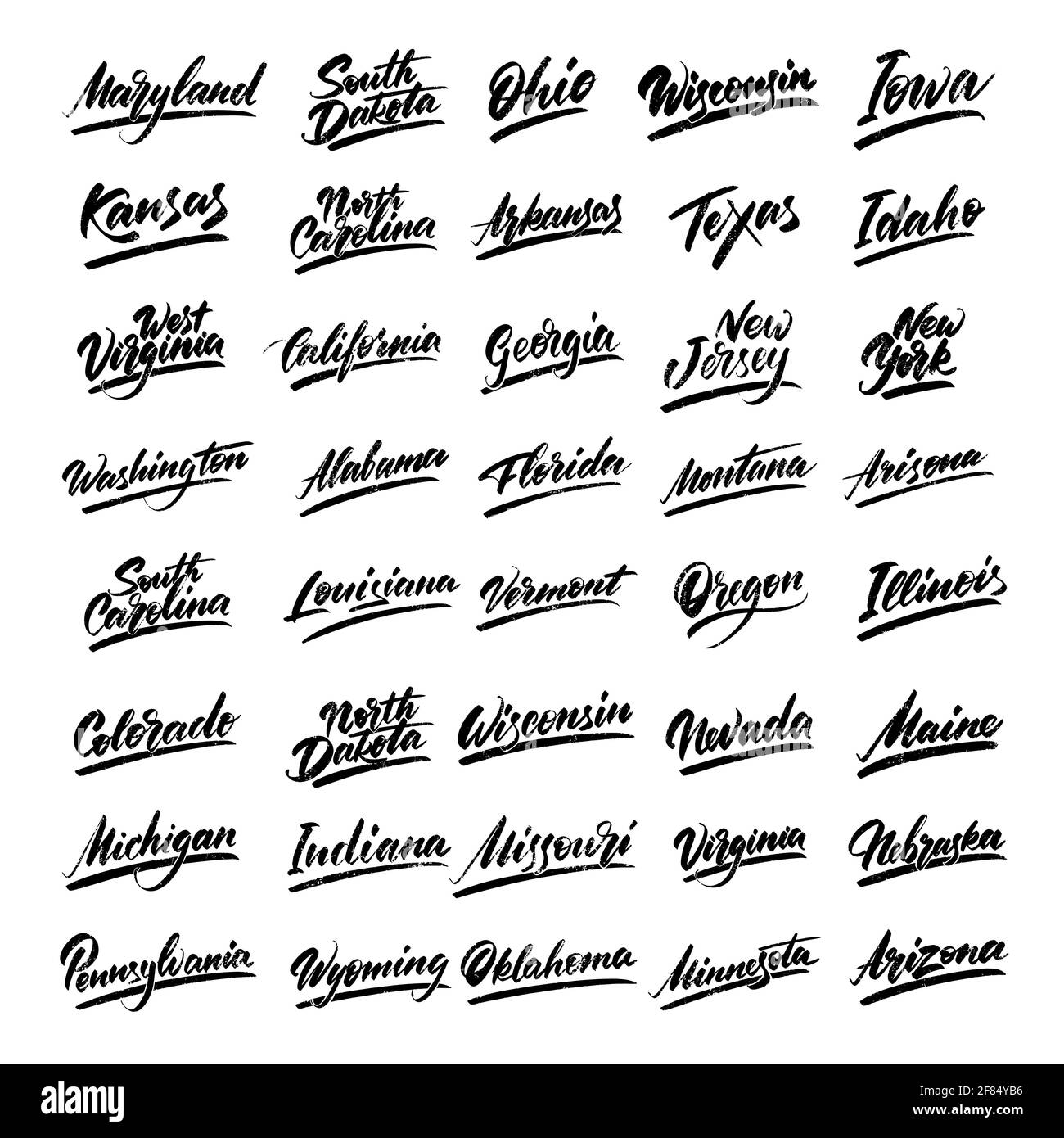 Set of lettering names of the states of America. Handwritten English ...