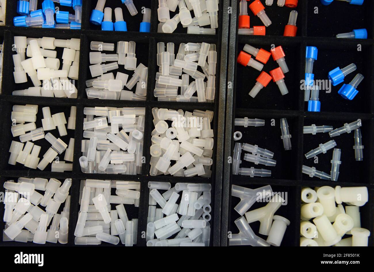 A box of plastic pipe joinings and fixings at an environment protection ...