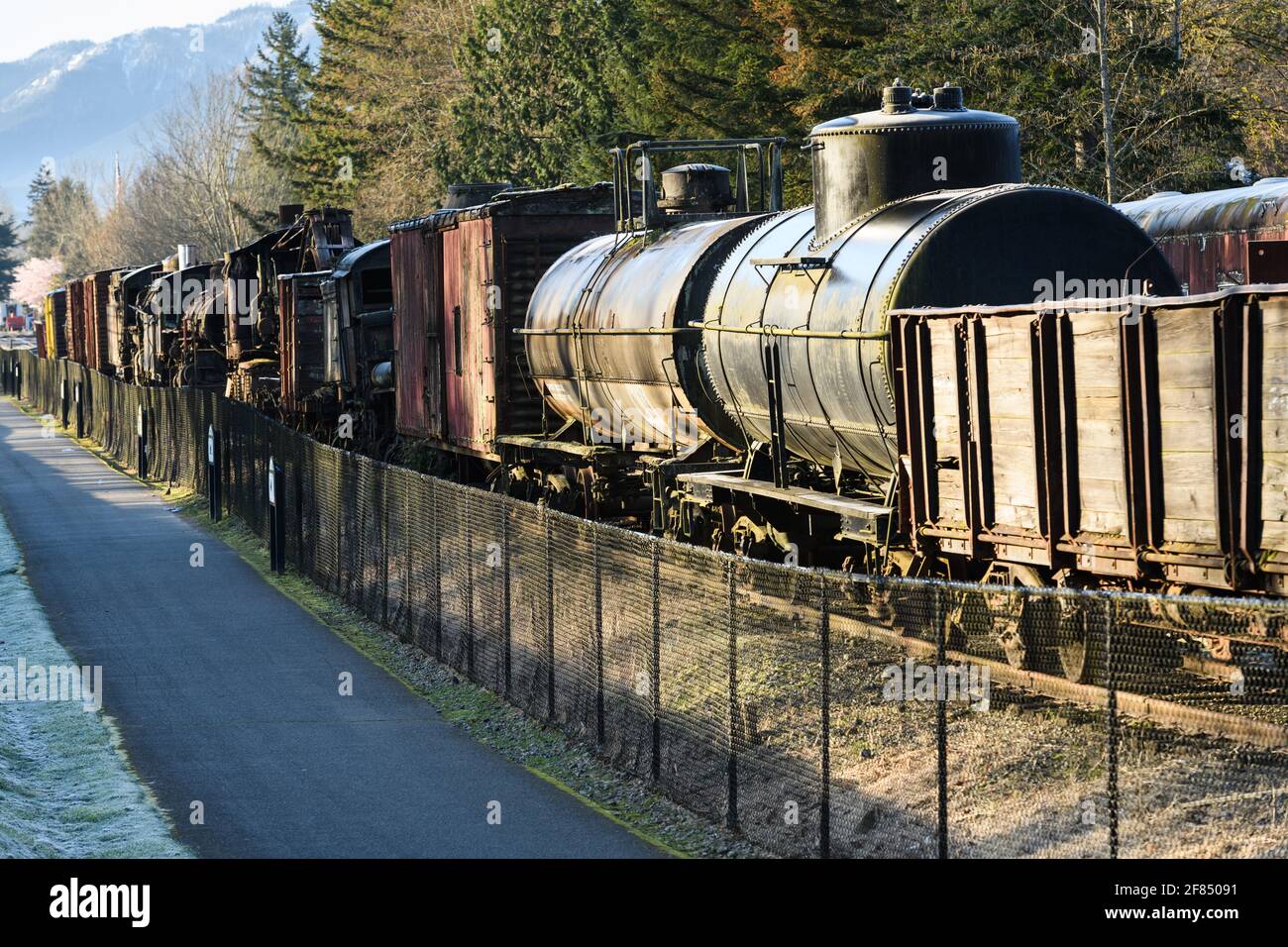 Line of old railroad equipment in Snoqualmie waiting their turn to be preserved by the Northwest ...