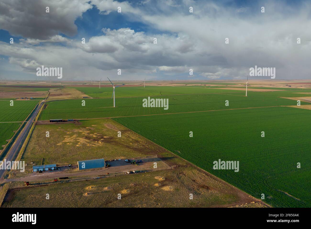 Wind turbines windmill energy farm in West Texas plains under a blue ...