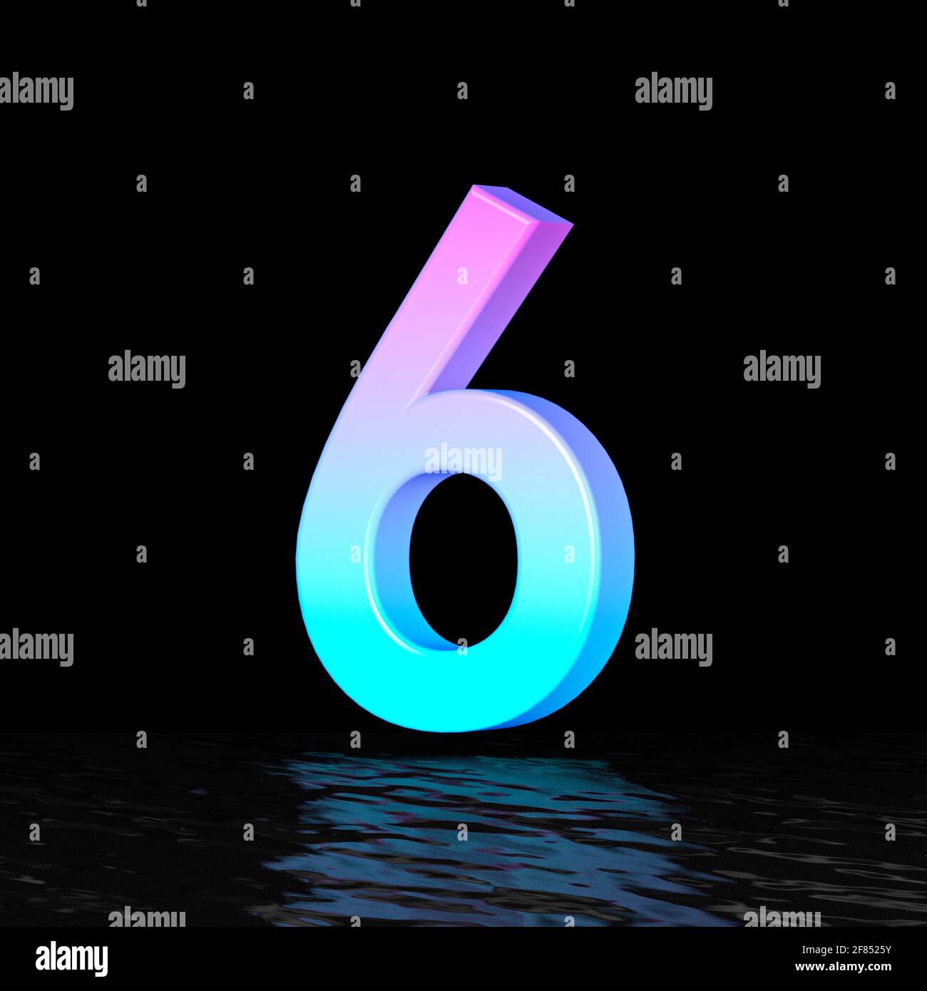 Cyan magenta font Number 6 SIX 3D render illustration isolated on black ...