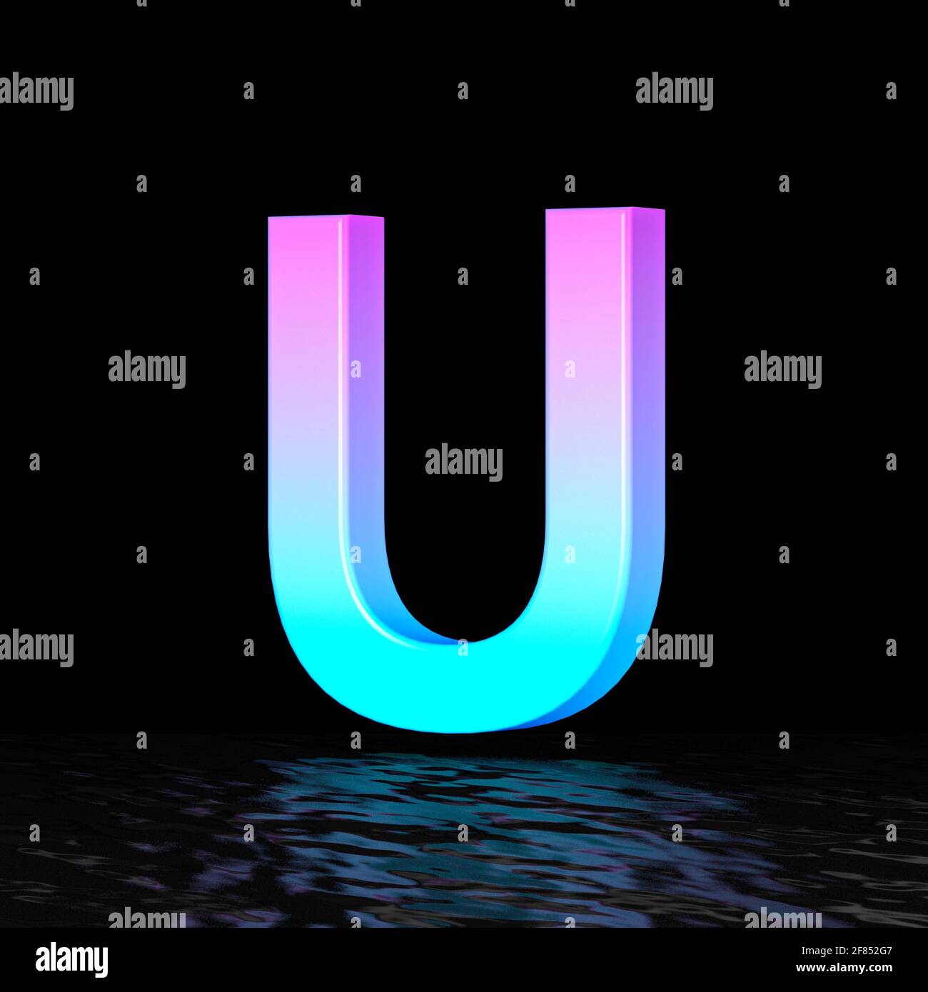 Cyan magenta font Letter U 3D render illustration isolated on black ...