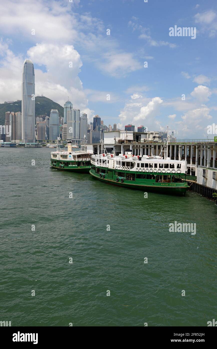 Star Ferries berthed at the ferry pier at the Tsim sha tsui terminal in Kowloon in Hong Kong ...