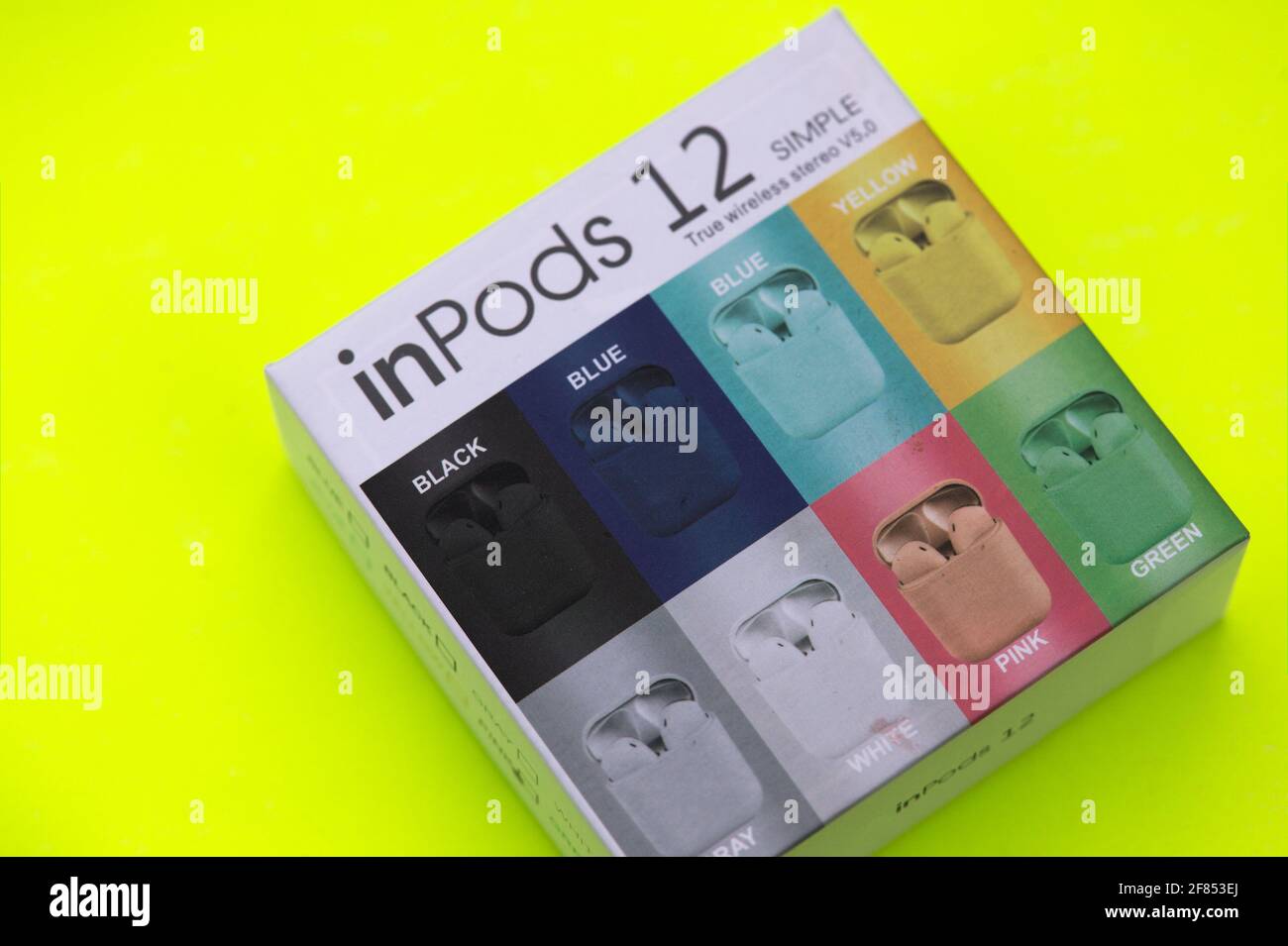 Close-up of wearable ear tech (earbuds /earpods /headphones Stock Photo ...