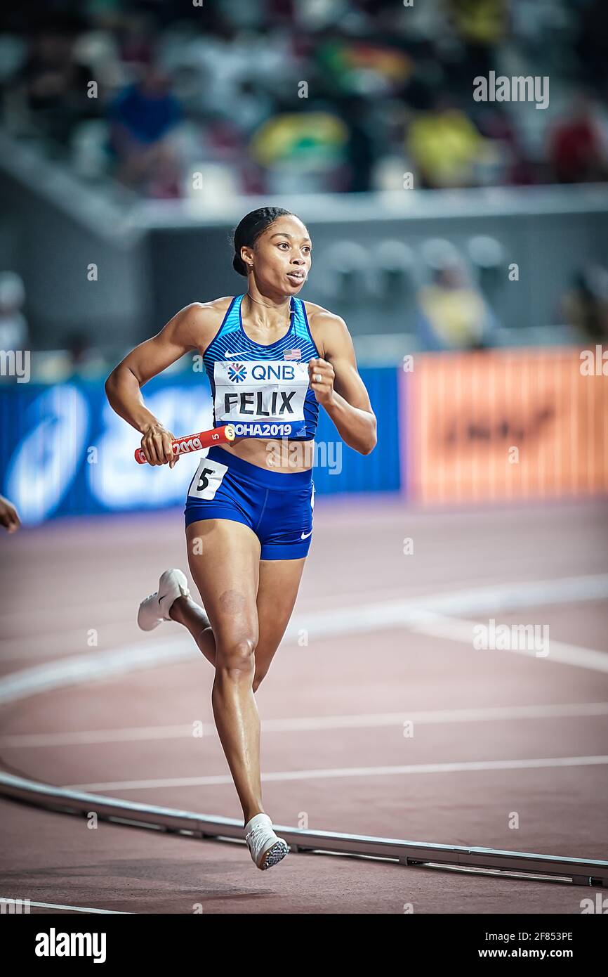 Doha 2019.Allyson Felix running in the 4x400 meter relay at the 2019 ...