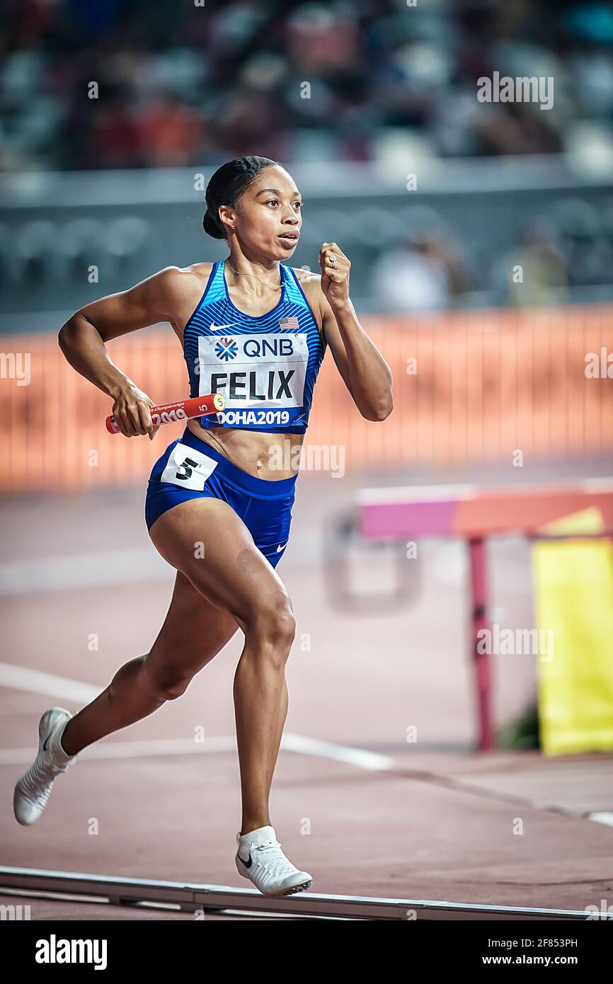 Doha 2019.Allyson Felix running in the 4x400 meter relay at the 2019 ...