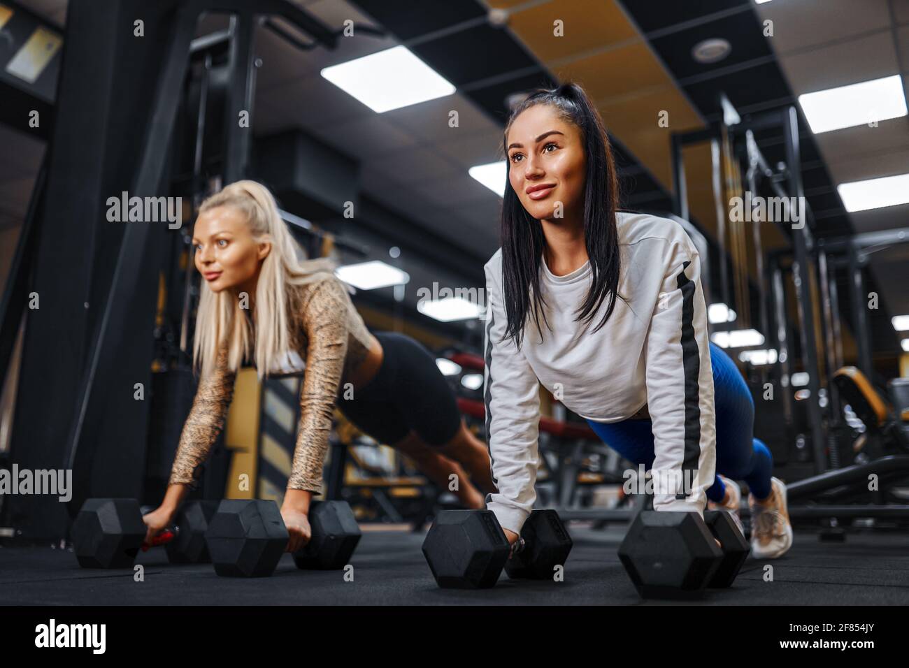 Healthy lifestyle. Portrait of two young athletic girls doing plank in ...