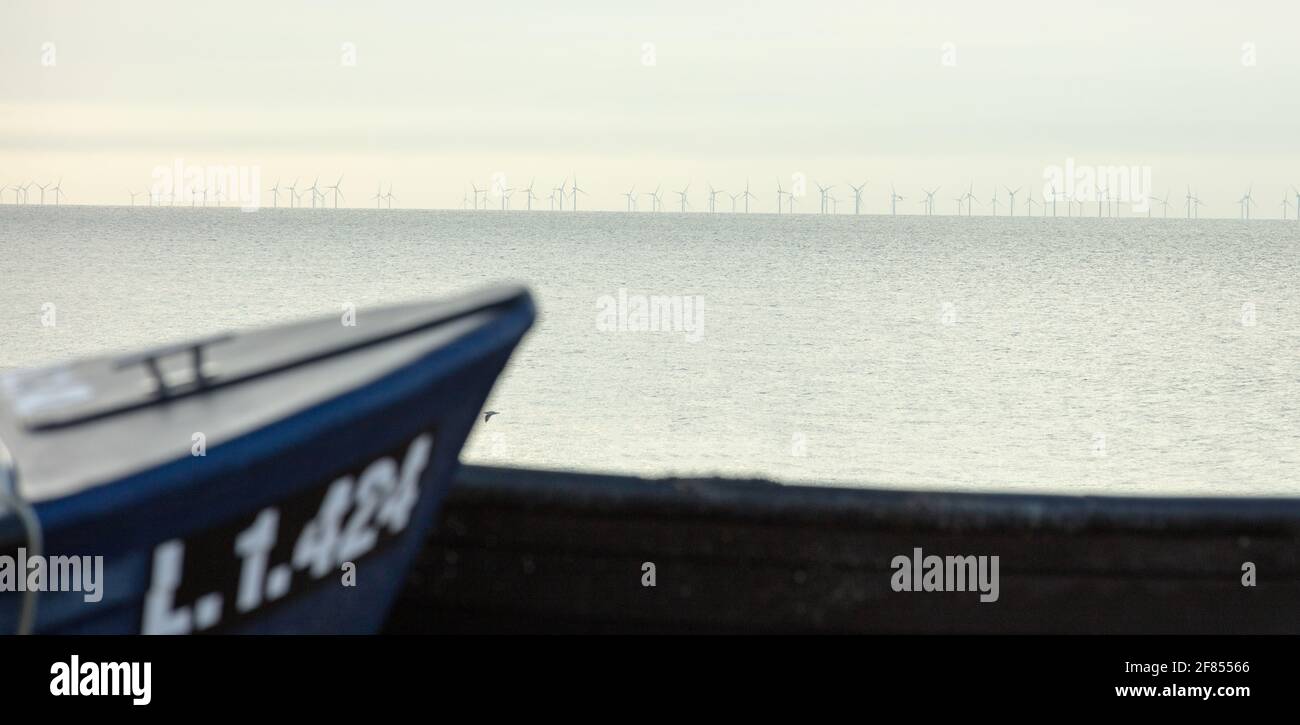 Offshore wind turbines seen from the beach of Bognor Regis, West Sussex ...