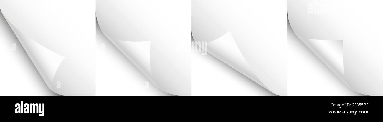 Set of white paper curls. Curled page corner with shadow. Blank sheet ...