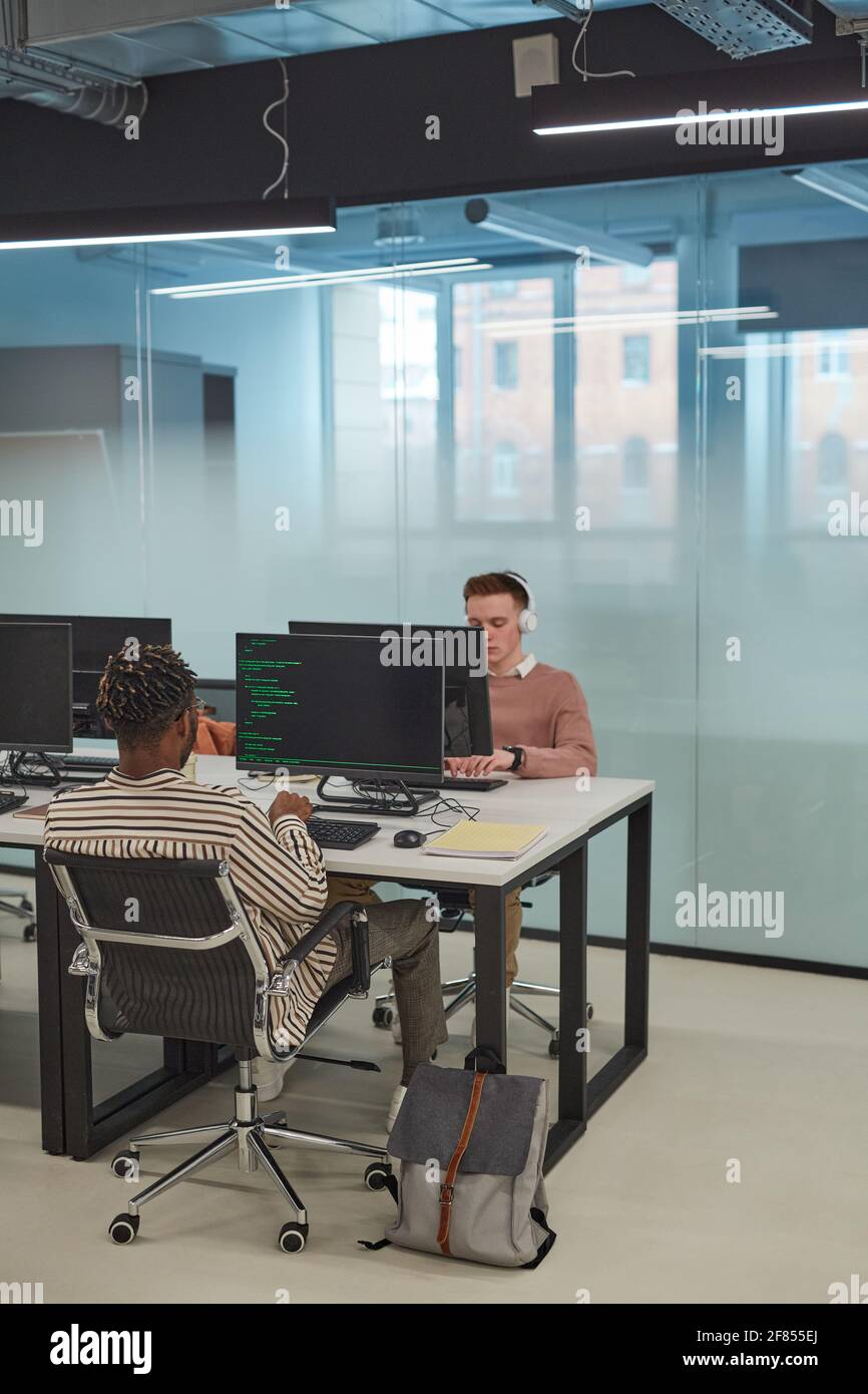 Vertical full length of IT programmers or students using computers in ...