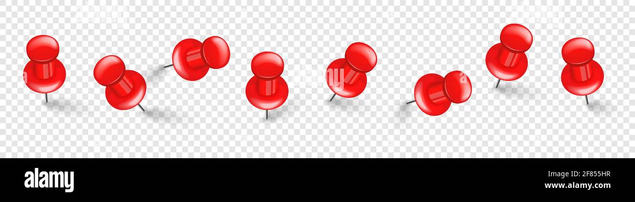 Realistic red push pins. Board tacks isolated on transparent background ...