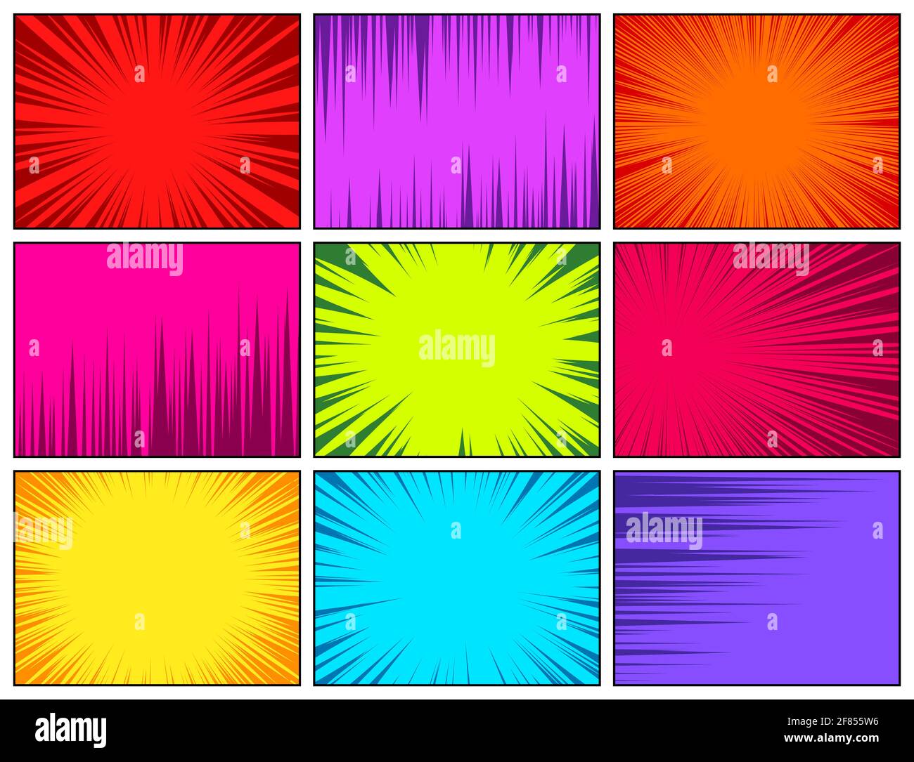 Comic book colorful radial lines collection. Cartoon comics background ...