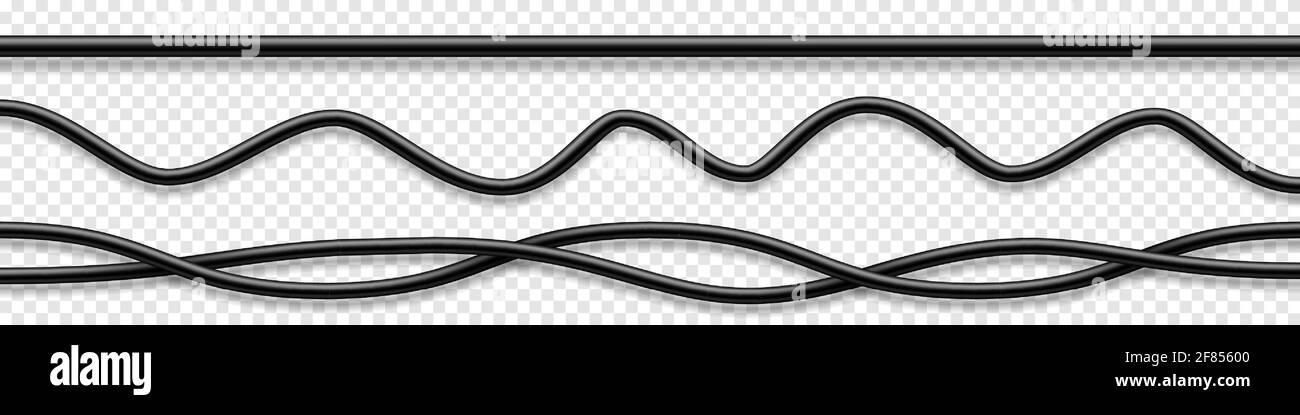 Set of black flexible cables with shadow. Electrical wire. Realistic ...