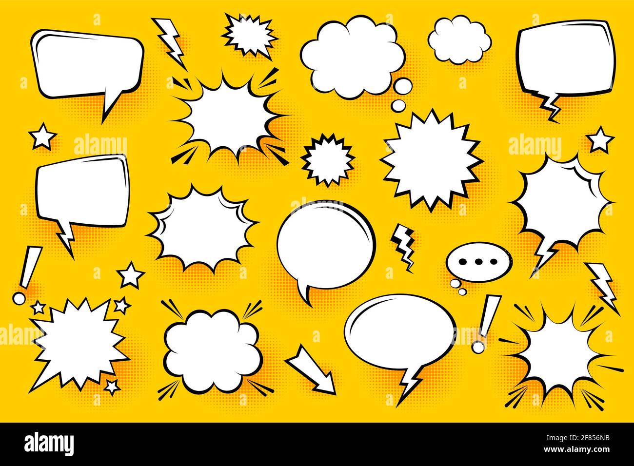 Blank comic speech bubbles with halftone shadows on yellow background ...