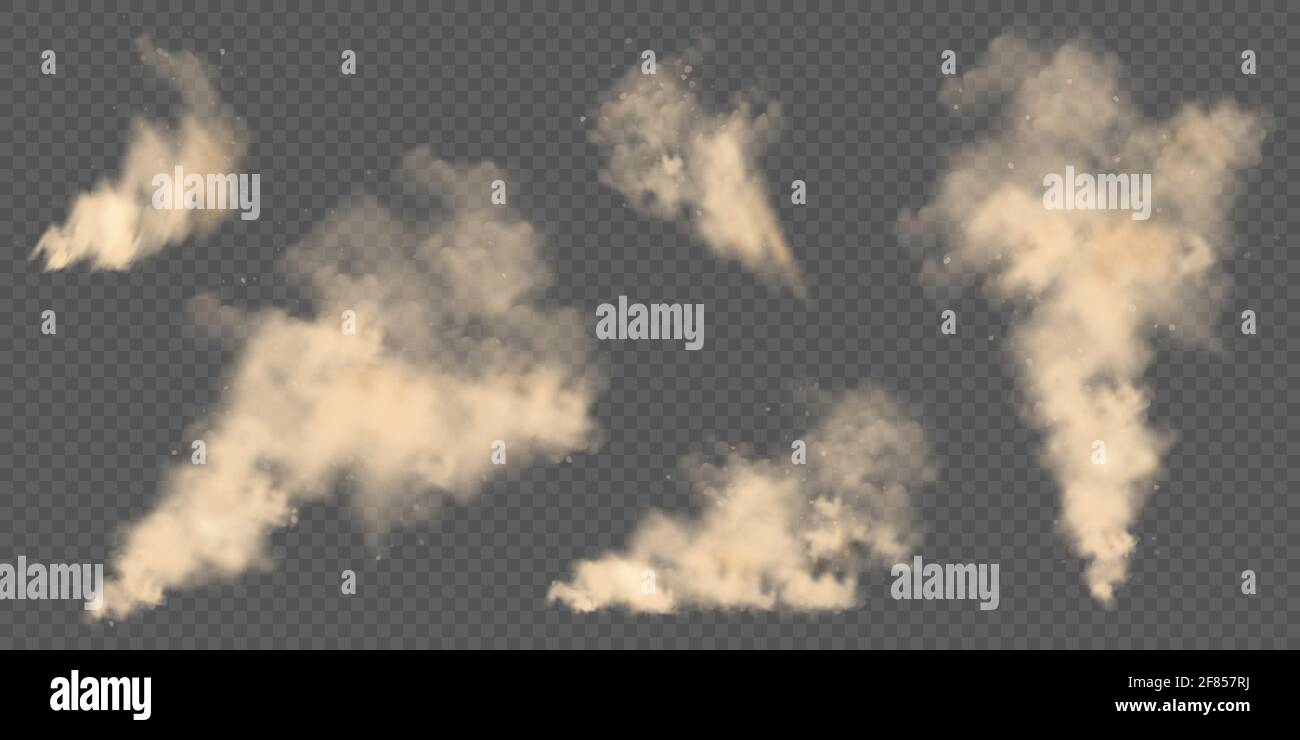 Realistic dust clouds. Road sand storm. Polluted dirty brown air with ...
