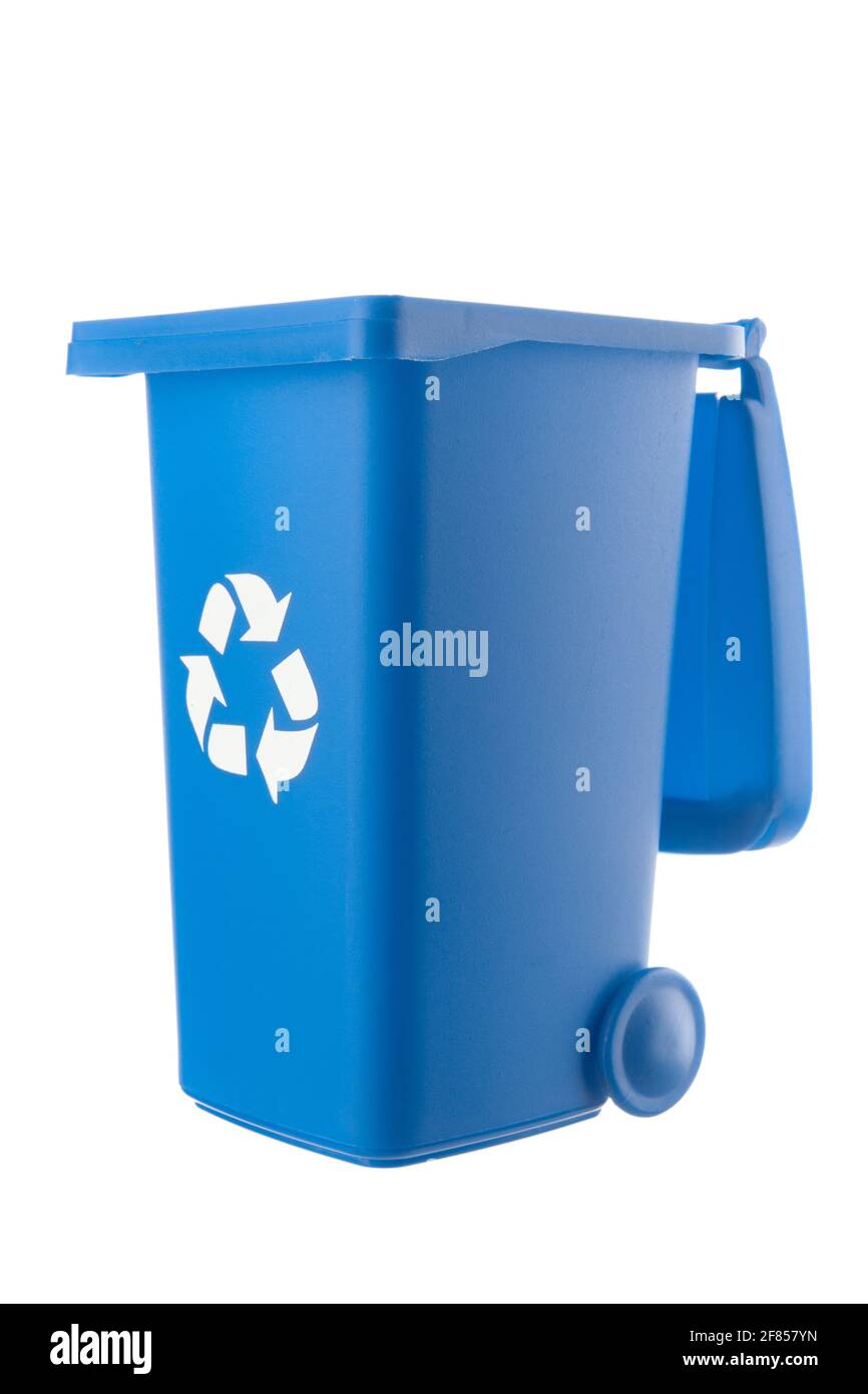 Plastic blue trash can isolated on white background Stock Photo - Alamy