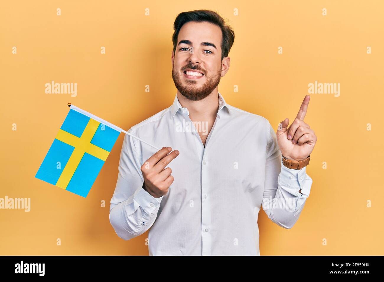 Handsome caucasian man with beard holding sweden flag smiling happy ...