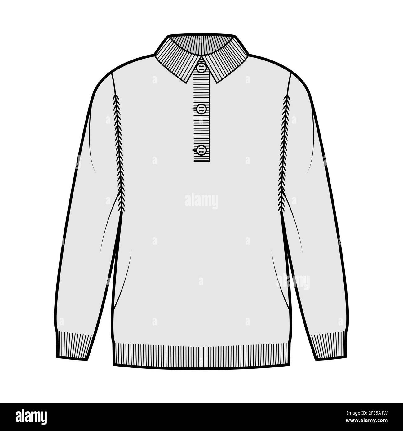 Polo Sweater technical fashion illustration with rib henley neck, long ...