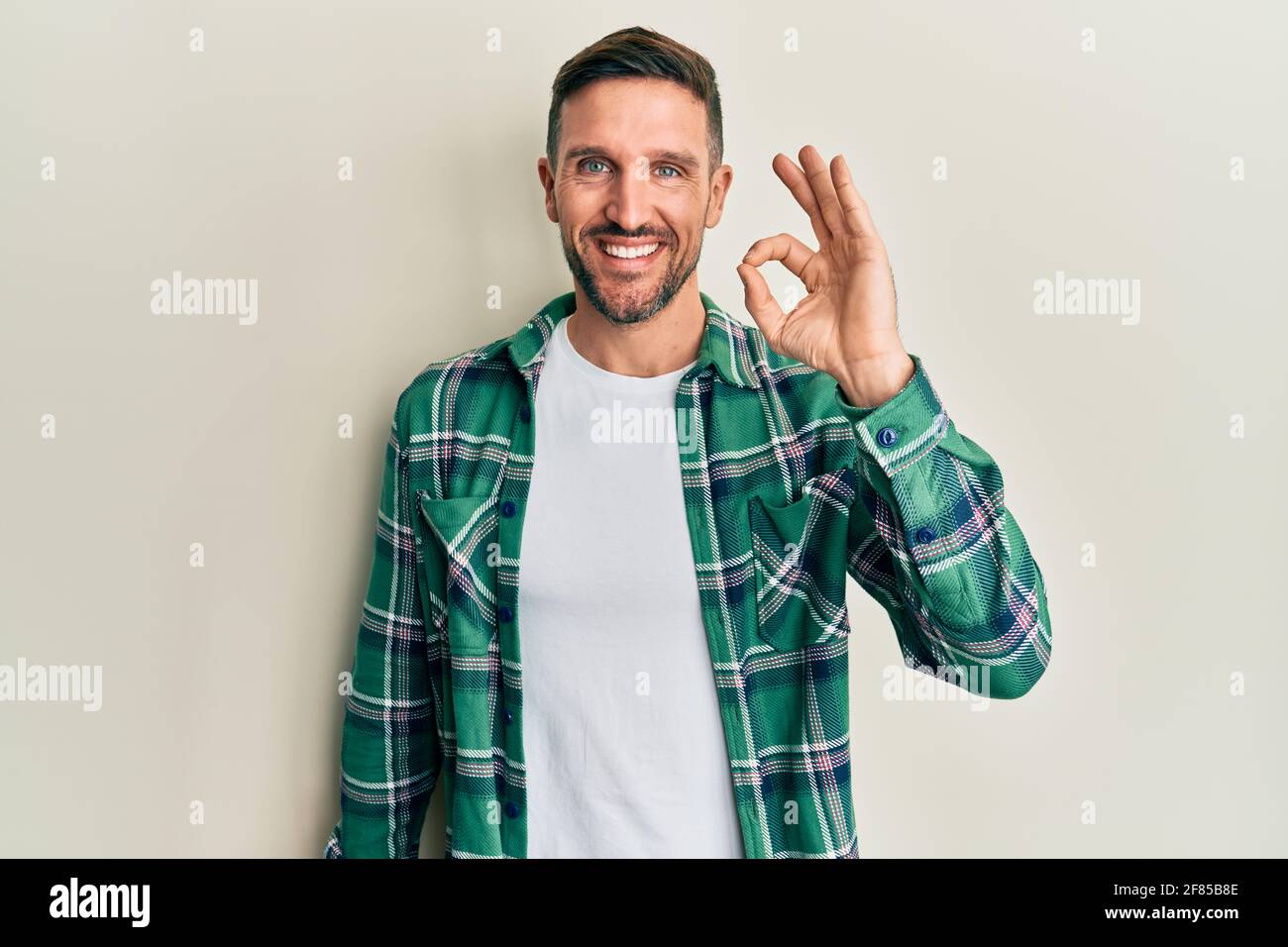 Handsome man with beard wearing casual clothes smiling positive doing ...