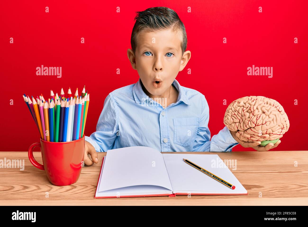 Adorable caucasian kid holding brain while studying for school scared ...